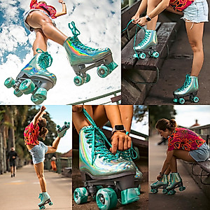 JajaHoho Roller Skates for Women, Shiny Holographic High Top Rollerskates, Double-Row Four Mixture Gradient Wheels Quad Skates for Girls Age 8-50 Indoor Outdoor (Size 3, Mint Green)