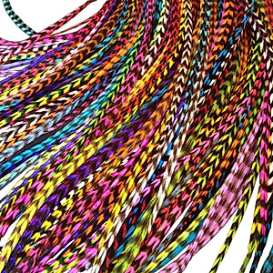 Feathers for Hair, 20 Rainbow Rooster Feathers Hair Extensions Kit with Silicone Beads and Loop Tool All Bright Colors- Pink, Blue, Red, Purple, Orange, Yellow, Green Striped Grizzly Feathers