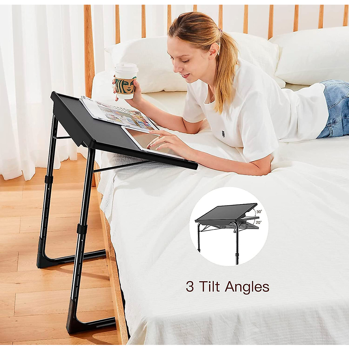 Totnz TV Tray Table, Folding TV Dinner Table Comfortable Folding Table with 3 Tilt Angle Adjustments for Eating Snack Food, Stowaway Laptop Stand (2 Pack),Black