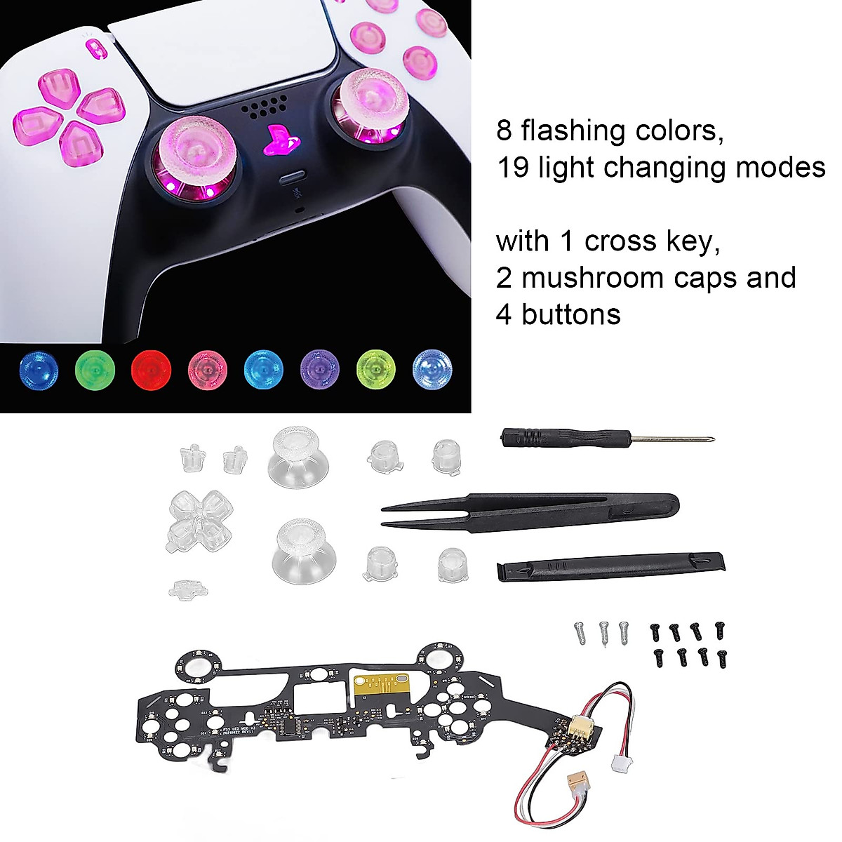 Multi Colors Luminated D pad Thumbstick D Pad Face Buttons for PS5 Controller,8 Colors 19 Modes DIY Classical LED Light Kit for PS5,Good Gift