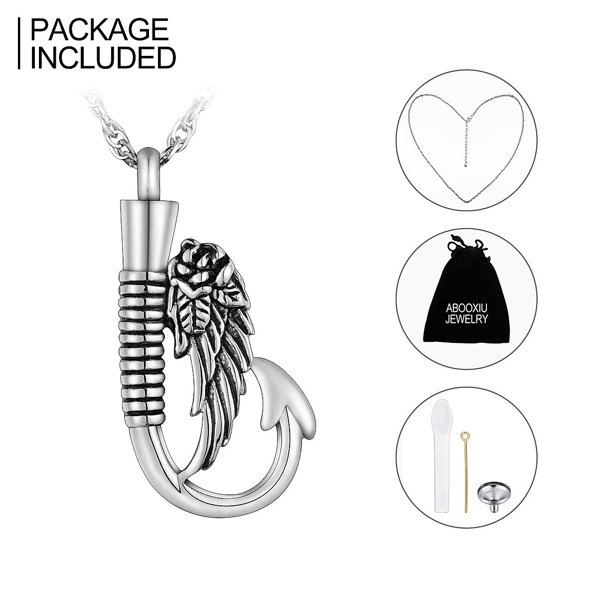 abooxiu Fishing Hook Urn Necklace for Ashes Angel wing Fish Hook Stainless Steel Cremation Jewelry Memorial Pendant Keepsake Ashes Holder