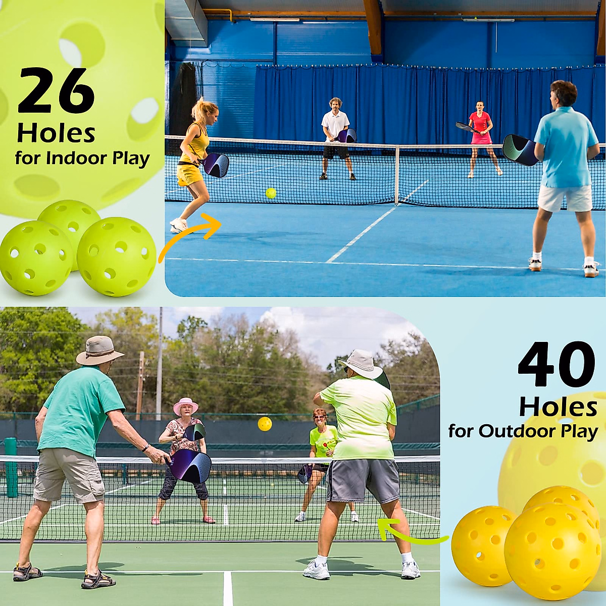 Fazil Pickleball Paddles Set of 4, Graphite Surface Polypropylene Honeycomb Core Pickle ball Raquette Set with Cushion Grip, Pickleball Rackets 6 Pickleball Balls Portable Racquet Bag for Men Women