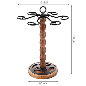 MyGift Brown Solid Wood and Antique Bronze Metal Tabletop Wine Glass Holder with Scrollwork Design, Free Standing Stemware Display Stand, Holds 6 Glasses