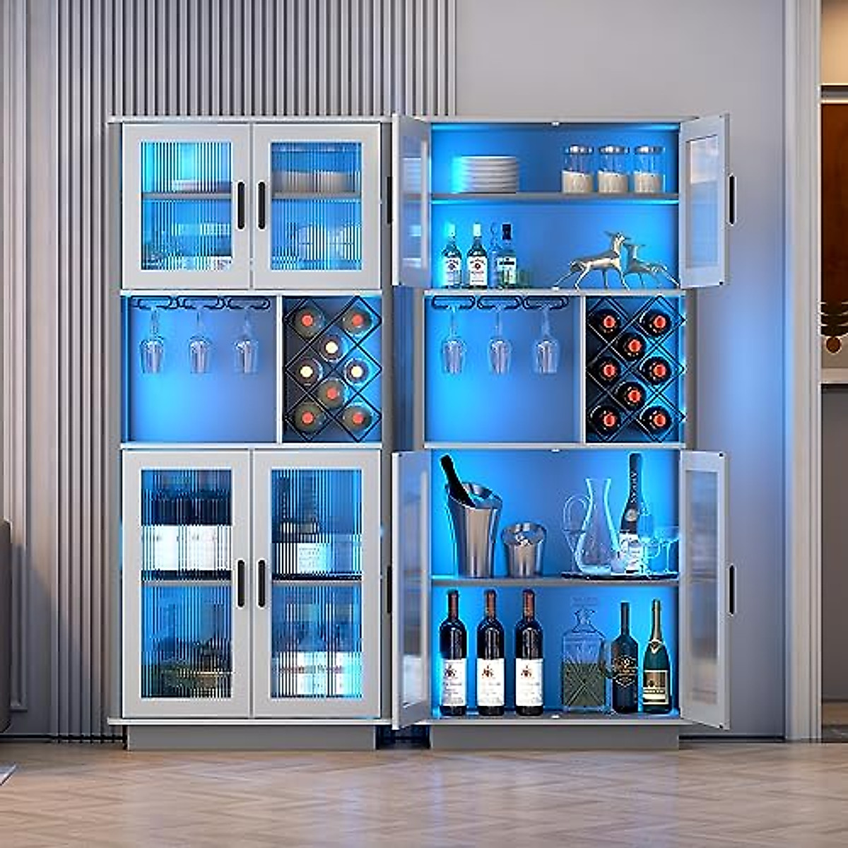 LVSOMT LED Wine Bar Cabinets with Removable Wine Rack, Bar Cabinets for Liquor with Light Motion Sensor, Kitchen Cabinet Storage for Dinning Room, Living Room (Dark Grey + Light Grey)