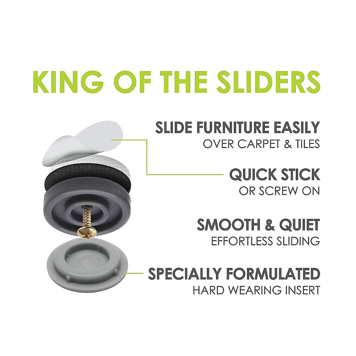 GorillaGlides CB323 1-1/4 Inch Furniture Sliders/Chair Glide Floor Protectors (Set of 8 Glides) Self-Adhesive Screw On Glides for Sliding on Carpet and Hard Surface Flooring, Round