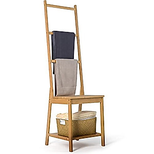 HYNAWIN Bamboo Bath Towel Rack, Multifunctional Bathroom Floor Shelf, Floor Storage Rack, Chair with Towel Rack, for Bathrooms and Bedrooms