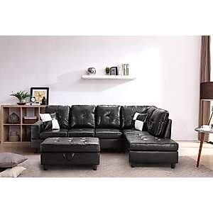 GINGVAT Black Faux Leather Sectional Sofa Living Room Furniture Set, L-Shape Couch with Right Chaise, Storage Ottoman, and 2 Pillows
