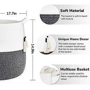 Goodpick Cute Round Storage Basket, Baby Nursery Hamper for Blankets, Clothes, Toys, Woven Rope Basket for Living Room, Decor, Toy Bin, Grey, 17.71 x 14.9 inches