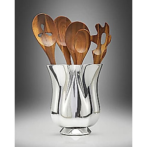 nambe Tulip Tool Jug with 5 Piece Kitchen Tool Set | Utensil Holder for Countertop with Assorted Kitchen Utensils | Made from Nambe Alloy and Acacia Wood