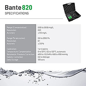 Bante 820 Portable Dissolved Oxygen Meter | Dissolved Oxygen Tester Kit | 10 ft Cable, 1 or 2 Points Calibration, 100 Sets of Data Storage, USB Communication Interface