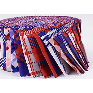 Soimoi 40Pcs Check & Tartan Print Cotton Precut Fabrics for Quilting Craft Strips 2.5x42inches Jelly Roll - Red, Blue & White