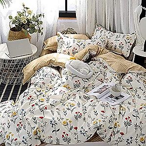 Erosebridal Boho Floral Bedding Set Yellow Flower Duvet Cover Blue Red Blossom Comforter Cover Botanical Country Garden Leaf Branch Quilt Cover for Kids Girls Women Room Decor Full Size,White Brown