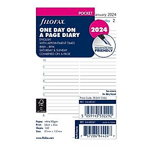 Filofax Calendar Diary Refill, Pocket Size, Day on One Page with Appointments, Ruled, White Paper, English, 2024 (C68241-24)