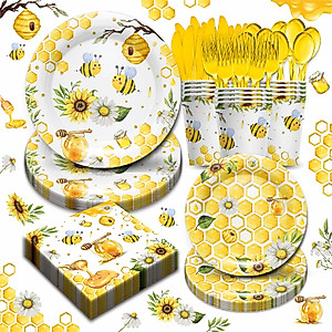 Piooluialy Bee Tableware Party Decorations - Bumble Bee Party Supplies Include Plates, Cups, Napkins, Cutlery, Honey Bee Birthday Baby Shower Party Decorations | 24 Guests