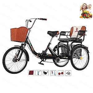 Adult Tricycle Folding Bicycle Comfortable seat 3 Wheel Bicycle Rear Enlarged Vegetable Basket Double Chain 20inch Shock Absorber Front Fork for Parents and Children Maximum Load 440lbs (Black)