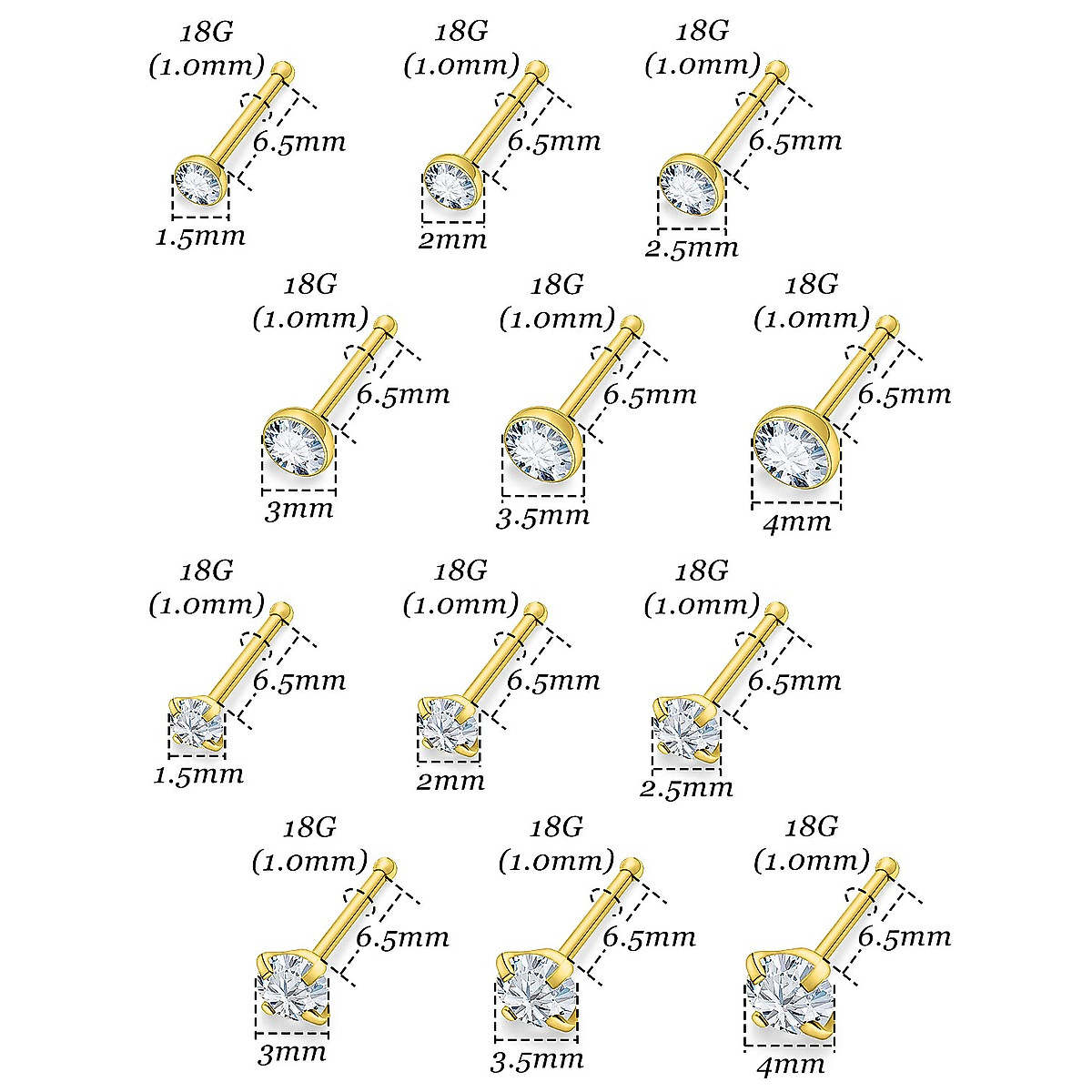 Vsnnsns 18G Nose Rings for Women 316L Surgical Stainless Steel L Shaped Nose Studs Screw Bone Nose Rings Piercings 18 Gauge Nostril Piercing Diamond CZ 1.5mm 2mm 2.5mm 3mm 3.5mm 4mm Gold