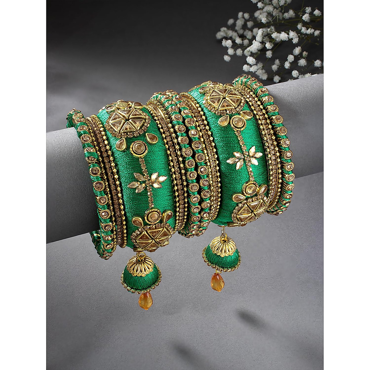 Aheli Royal Designer Faux Stone Studded Silk Thread Bangle Set Matching Chudha with Jhumki Tassel Hanging Indian Bollywood Fashion Jewelry for Women Girls (Green 2.8 Inch)