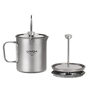 Lixada Titanium Pot 750ml Camping Titanium Coffee Cup Mug French Press Pot Coffee Maker Outdoor Camping Cooking Pot with Folding Titanium Spoon