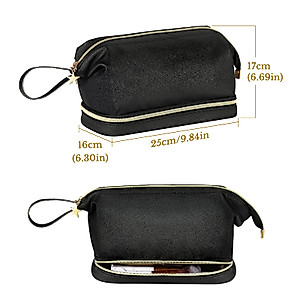 Shinowa Travel Makeup Cosmetic Bag, Portable Double Layer Cosmetic Bag, Large Leather Makeup Pouch with Wide Opening, Water-proof Toiletry Bag for Women Girls, Black