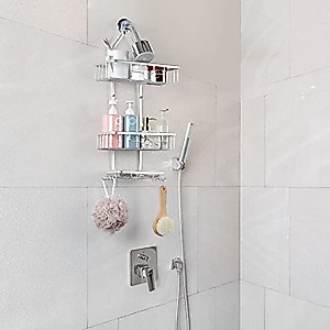 smusei Shower Caddy Over Shower Head Aluminum Shower Organizer Hanging Bathroom Shower Shelves for Inside Shower 3 Tier Shower Racks with Hooks and Shampoo Soap Razor Holder - Silver