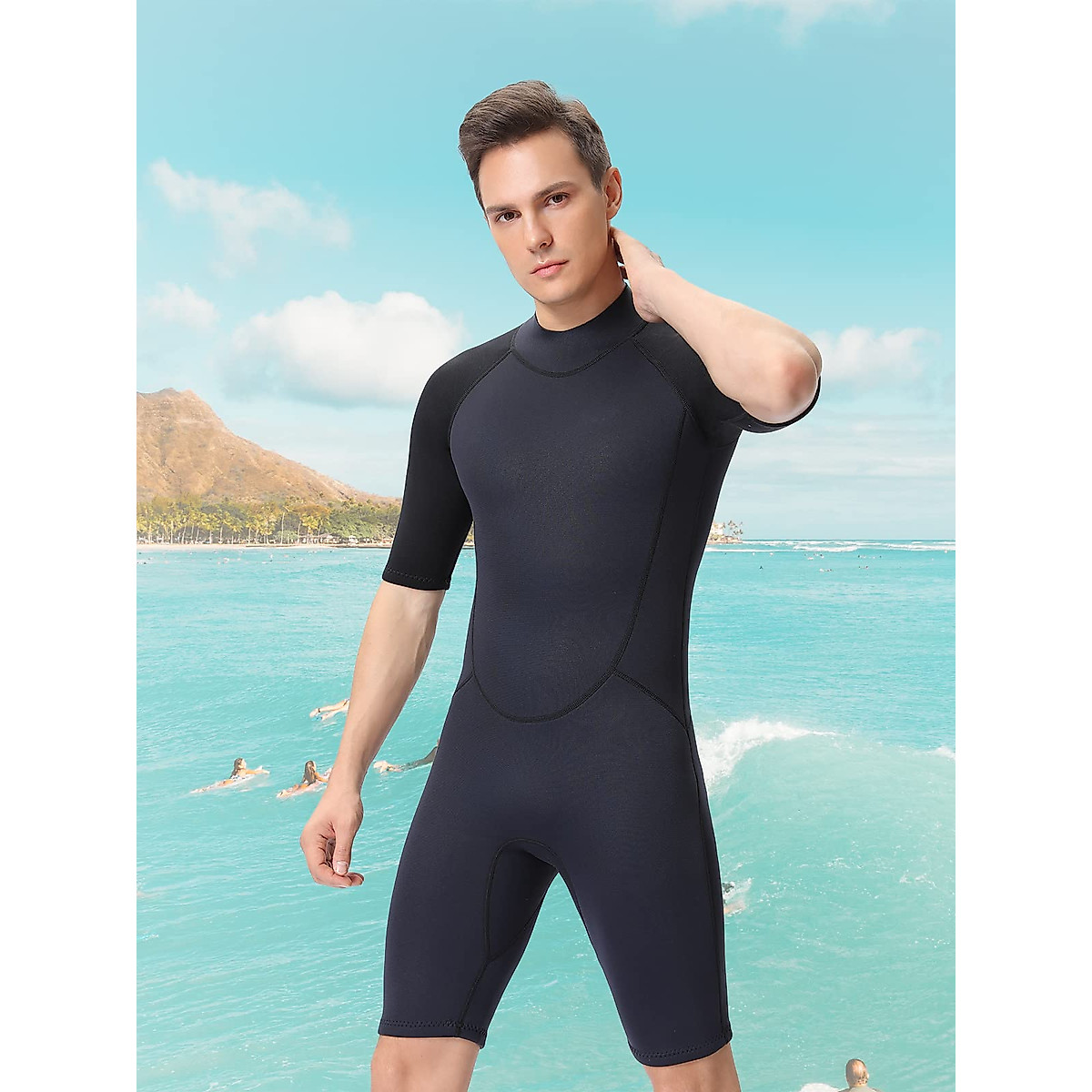 Shorty Wetsuit Men,2mm Neoprene Short Sleeves Wet Suits Back Zip, 1.5mm Shorty Surf Suit Keep Warm in Cold Water for Snorkeling Kayaking Boarding(Dark Blue 2mm,XX-Large)