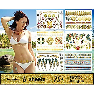 Terra Tattoos Gold Metallic Temporary Tattoos Waterproof Nontoxic Long Lasting Perfect for Beach, Festivals, & more (Enchanted)