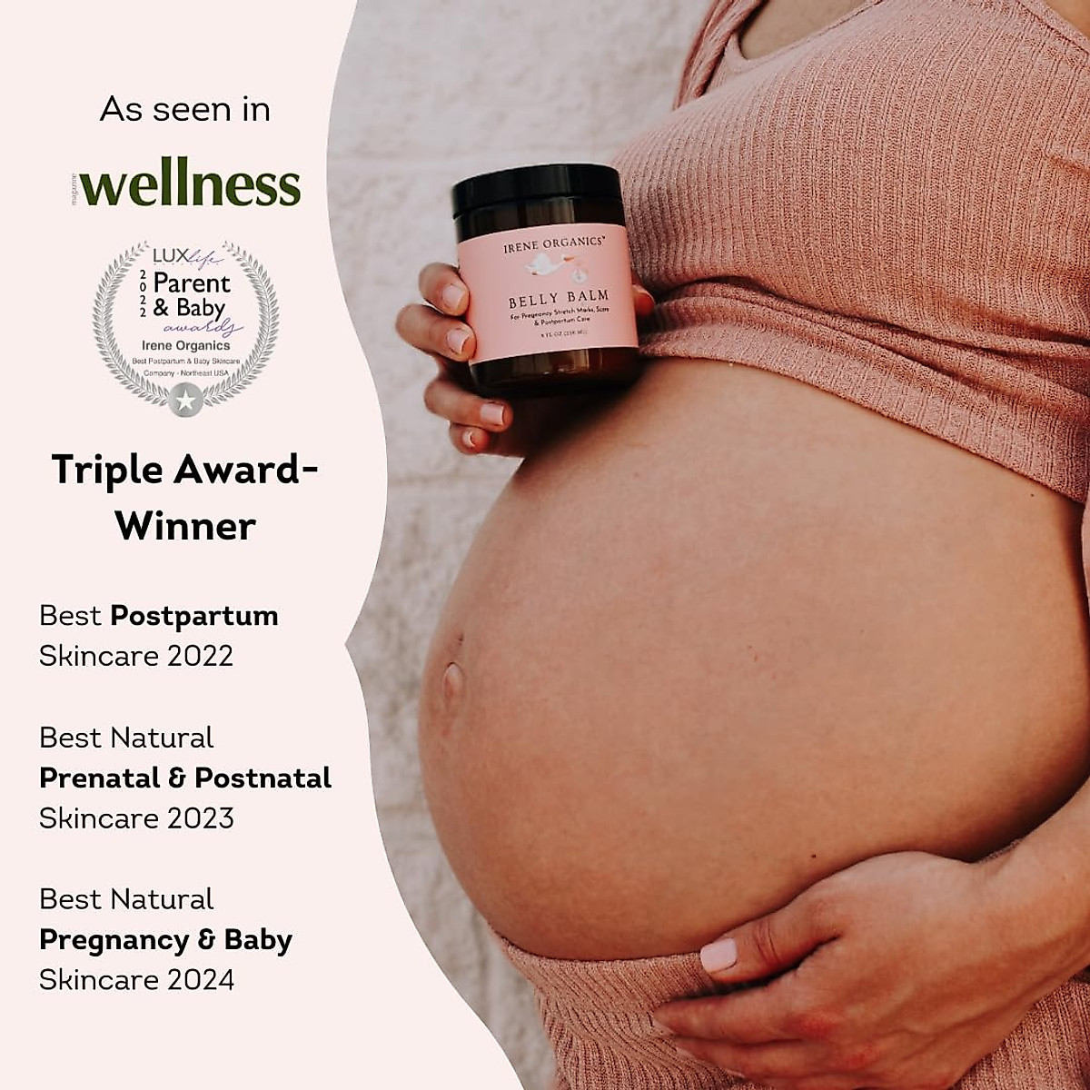 Organic Belly Butter for Pregnancy Stretch Mark Prevention and Treatment by Irene Organics - Award Winning Anti Stretch Mark Tummy Balm For Pregnancy and Postpartum 4oz - Hydrating Bump Cream