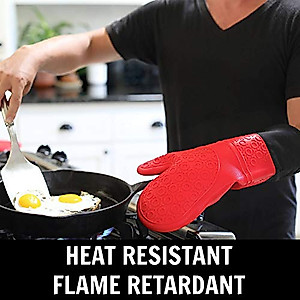 HOMWE Extra Long Professional Silicone Oven Mitt, Oven Mitts with Quilted Liner, Heat Resistant Pot Holders, Flexible Oven Gloves, Red, 1 Pair, 14.7 Inch