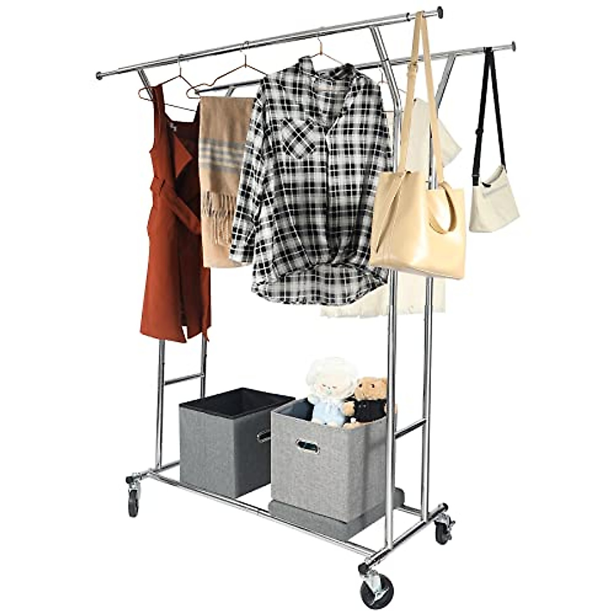 ALUPOM Extendable Double Rod Clothing Rack on Wheels, Heavy Duty Rolling Commercial Garment Rack, Chrome Clothes Rack for Hanging Clothes