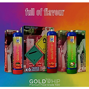 GoldWhip Original 615g Whipped Cream Charger Pure Nitrous Oxide Tank 0.95L Nitrous Oxide Cartridge (6 Cylinder). Watermelon, strawbewrry, Apple 2 of Each Flavor Pack of 6 Made in Poland