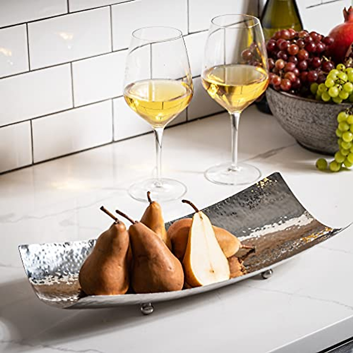 Colleta Home Rectangular Stainless Steel Serving Tray- Silver Serving Tray and Platters- Decorative Centerpiece- Hammered Tray