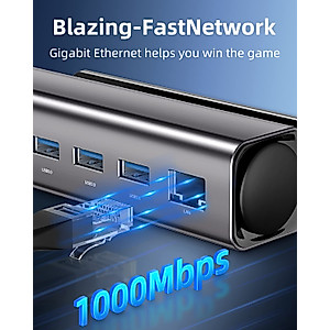 Rocoren 6-in-1 Docking Station for Steam Deck & ASUS ROG Ally, Black, HDMI 2.0 4K@60Hz, 1000Mbps Ethernet, 100W PD3.0 Fast Charging USB-C, 3 USB3.0 for Valve Steam Deck, Nintendo Switch, ROG Ally