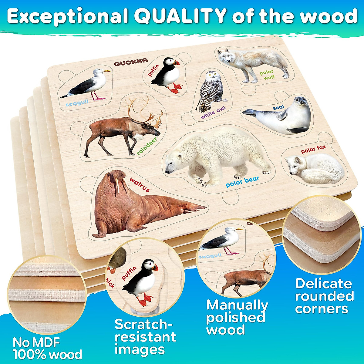 QUOKKA Toddler Puzzles Ages 2-4 in a Bag – 6 Montessori Wooden Puzzles for Toddlers 3-5 Year Old – Preschool Wood Game for Boys and Girls 4-6 – Gift for Learning Realistic Animals Fruits Vehicles