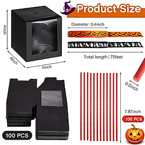 50 Sets Halloween Kraft Candy Apple Boxes with Hole Stick and Ribbons 4x4x4'' Window Clear Favor Boxes Candied Cake Cookies Chocolate Caramel Apple Boxes Gift Treat Boxes for Wedding Party (Black)