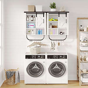 kepptory Medicine Cabinet with Adjustable Shelf and Sliding Door, Farmhouse Bathroom Cabinet Wall Mount with Towel Bar and 6pcs Hooks, Floating Storage Cabinet for Bathroom, Kitchen, Hallway