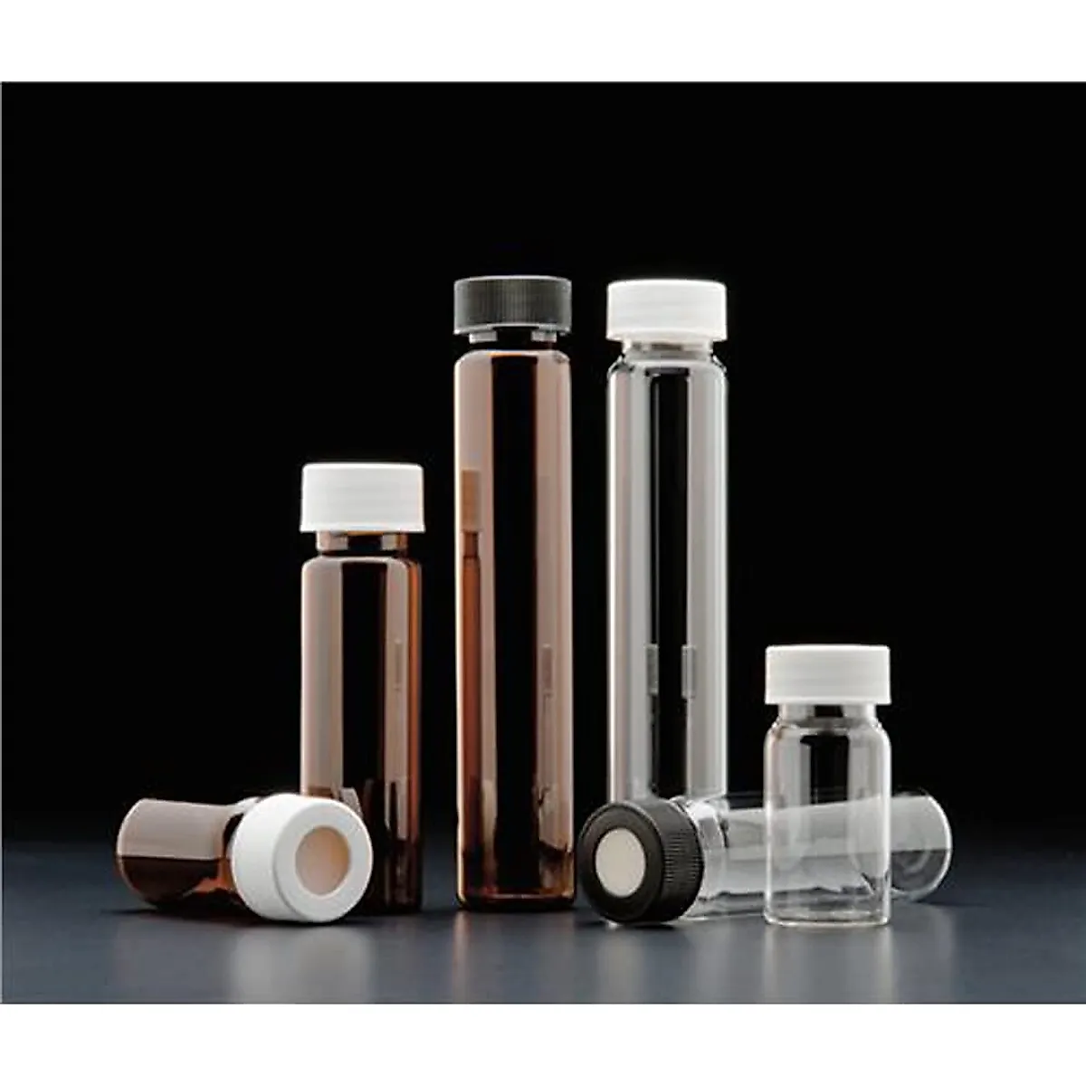 JG Finneran 9-093 Clear Borosilicate Glass Standard VOA Vial with White Polypropylene Open Top Closure and 0.100" PTFE/Silicone Septa, 24-414mm Cap Size, 60mL Capacity (Pack of 72)