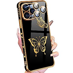 Petitian for iPhone 14 Pro Max Case, Cute Women Girls Gold Designed Butterflies Phone Cases for iPhone 14 Pro Max, Girly Gold Plating Phone Cover for 14 Pro Max with Camera Protector Black