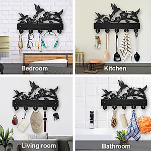 MAYJOYDIY Wood Bird Flower Coat Rack Wall Mounted 11.8×7.9inch Self-Adhesive Hummingbird Key Holder for Wall Black Birds Hooks Wall Art Decor 5 Alloy Hooks for Entryway Living Room Camping Gift