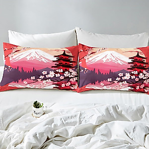 Red Ukiyoe Print Duvet Cover Cherry Blossom Bedding Sets Queen Japanese Mount Fuji Comforter Cover Chic Flowers Florals Bedding Retro Oriental Tower Quilt Cover Decoratives Ultra Soft Cozy 3 Piece
