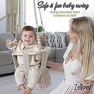 ZELLOVY Organic Macrame Baby Swing Chair with Cushion & Portable Canvas Backpack | Boho Baby Swing Outdoor Indoor Infants & Toddler | Hanging Rope Baby Gift Swing | Handmade Crochet Baby Hammock Swing