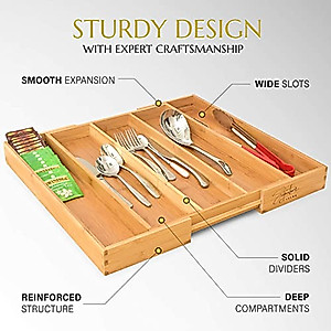 Signature Living Bamboo Expandable Utensil Drawer Organizer, Premium Bamboo for Cutlery, Flatware, Silverware - Drawer Dividers for Easy Storage