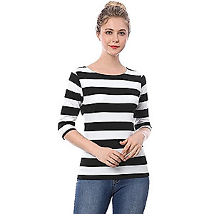 Allegra K Women's Halloween Elbow Sleeves T-Shirt Top Casual Basic Boat Neck Slim Fit Tee Medium Black White