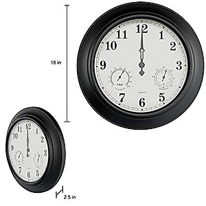 Pure Garden Thermometer 18" Metal Indoor/Outdoor Patio Wall Clock Black