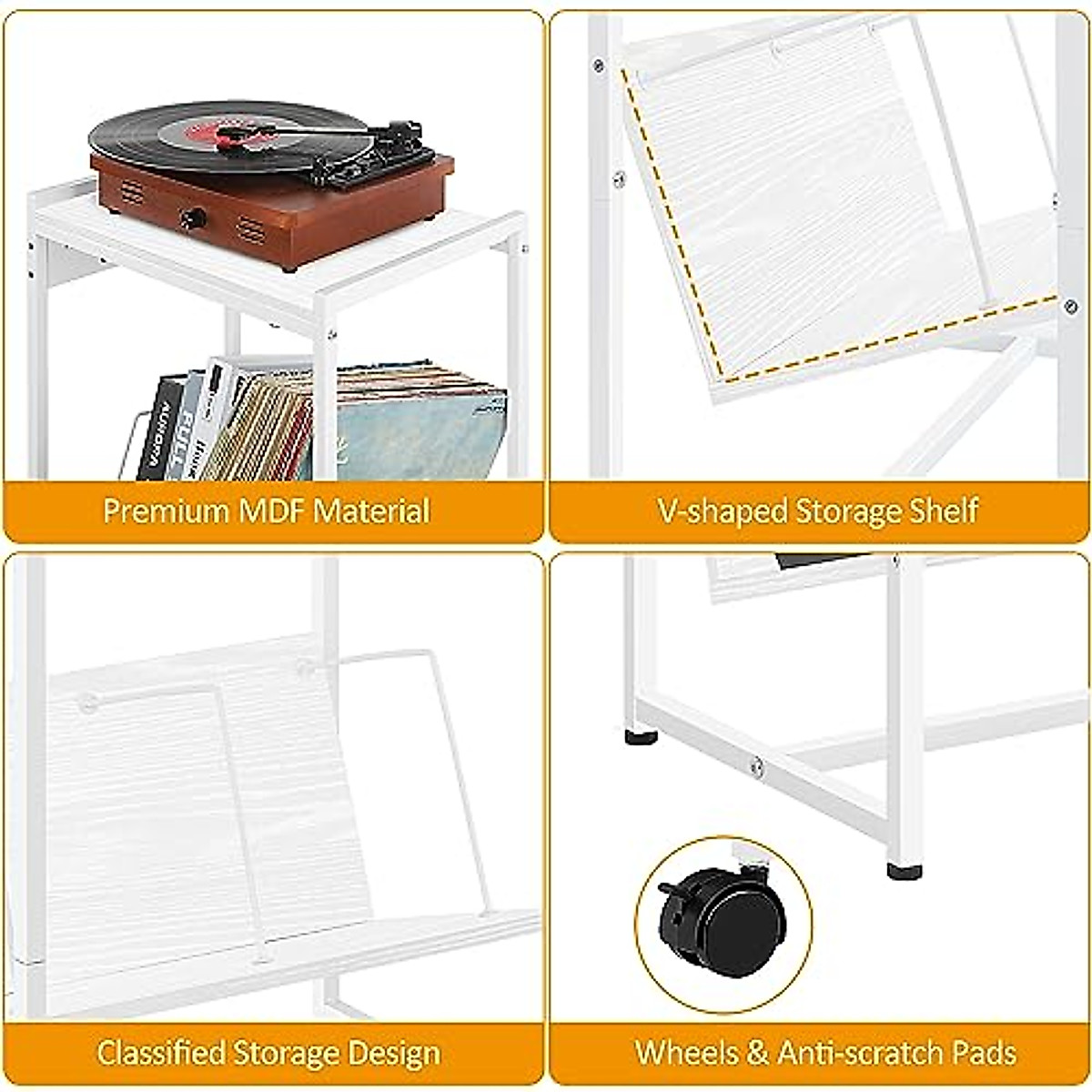 Record Player Stand with Vinyl Storage Night Stand with Power Outlets Vinyl Record Storage Stand On Wheels White Turntable Stand for Living Room Bedroom, Large Capacity, White