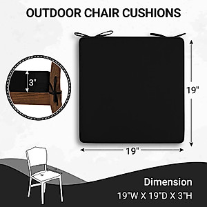 downluxe Waterproof Outdoor Chair Cushions Set of 2, 19" x 19" x 3" Patio Chair Cushion with Non-Slip Ties & Handle, Square Outdoor Cushion for Patio Furniture with Removable Cover, Black