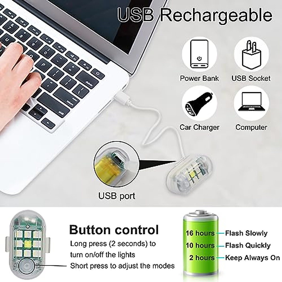 QVEVDACAR 4Pcs LED Anti-Collision Lights With Remote, 7 Colors USB Rechargeable Flashing Lights Wireless Led Strobe Lights for Cars Drone Aircraft Motorcycle Bike Emergency Warning Signal Lights