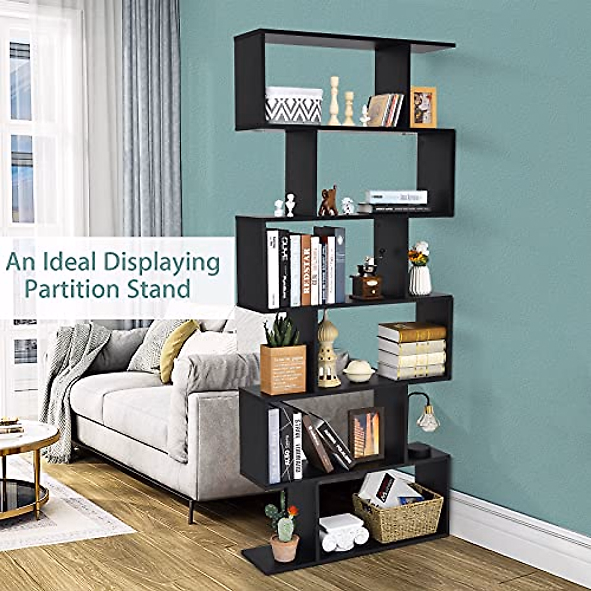 SILKYDRY 6 Tiered Geometric Bookcase, Unique S-Shaped Bookshelf, Tall Standing Room Divider Bookcases, Versatile Decorative Display Shelf for Bedroom Living Room Home Office (1, Black)