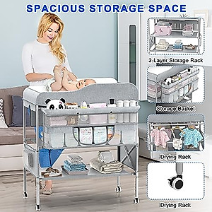 Portable Baby Changing Table, Foldable Changing Table Dresser Baby Changing Station, Height Adjustable Waterproof Diaper Changing Table Pad Topper, Newborn Nursery Organizer