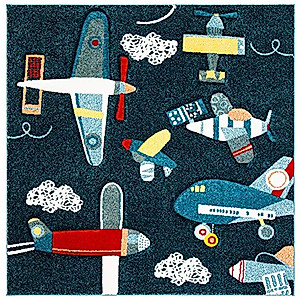 SAFAVIEH Carousel Kids Collection 4' Square Navy/Ivory CRK167N Airplane Nursery Playroom Area Rug