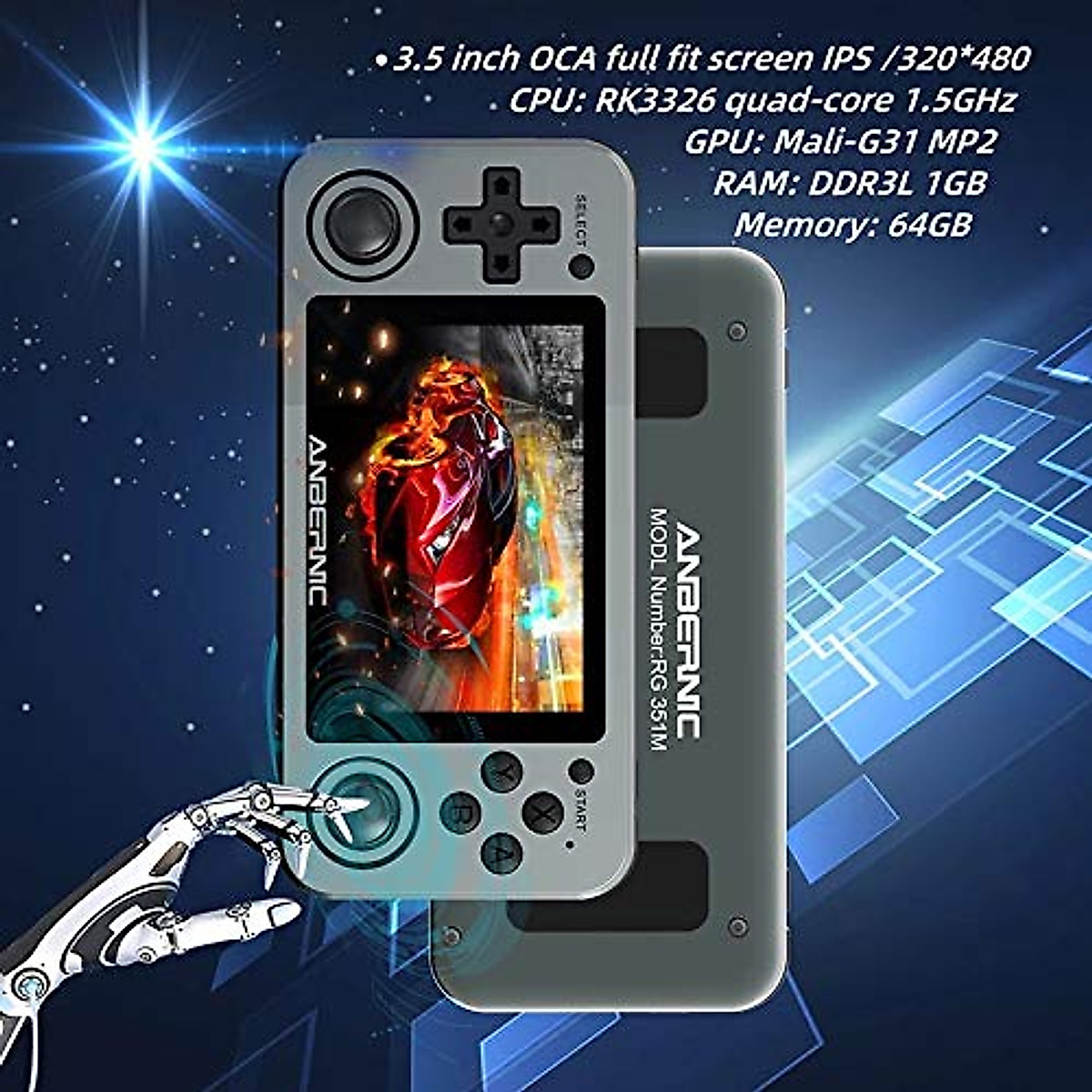 MJKJ RG351M Handheld Game Console , Aluminum Alloy Shell 64G TF Card 2500 Classic Games Support WiFi Function Open Source System RK3326 Chip 3.5 Inch IPS Screen (Gray)